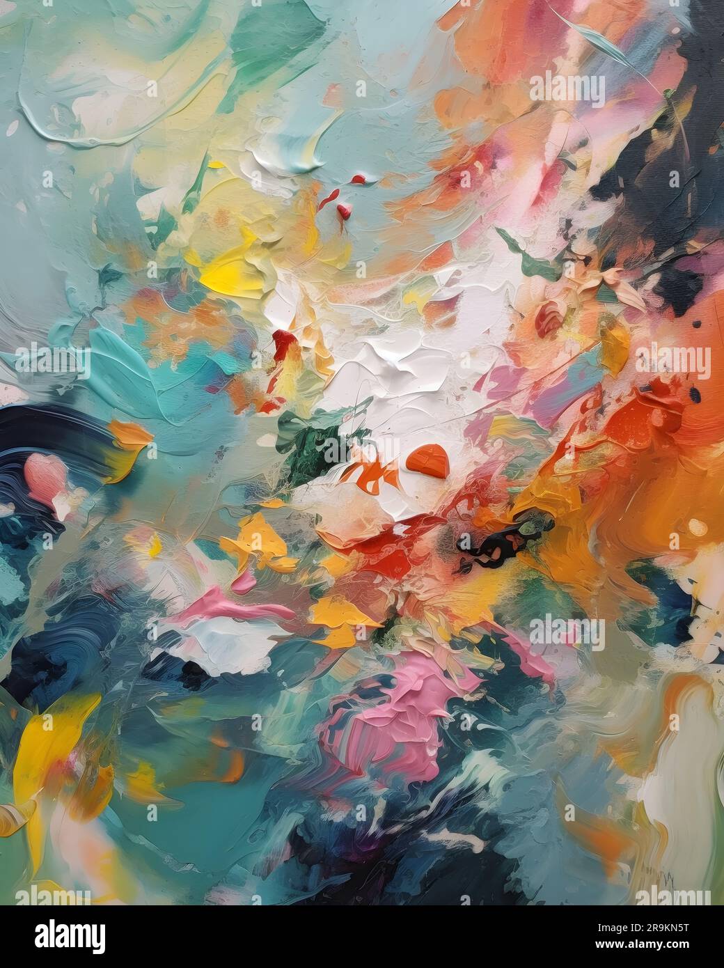 A vibrant, abstract watercolor painting featuring a combination of soft ...