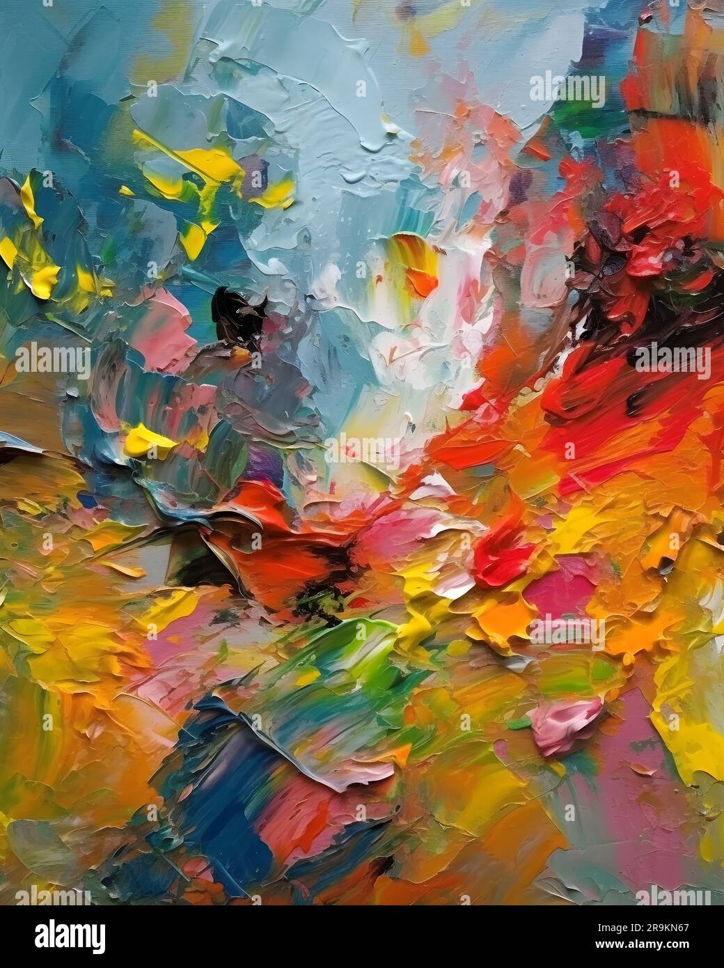 A vibrant, abstract watercolor painting featuring a combination of soft ...