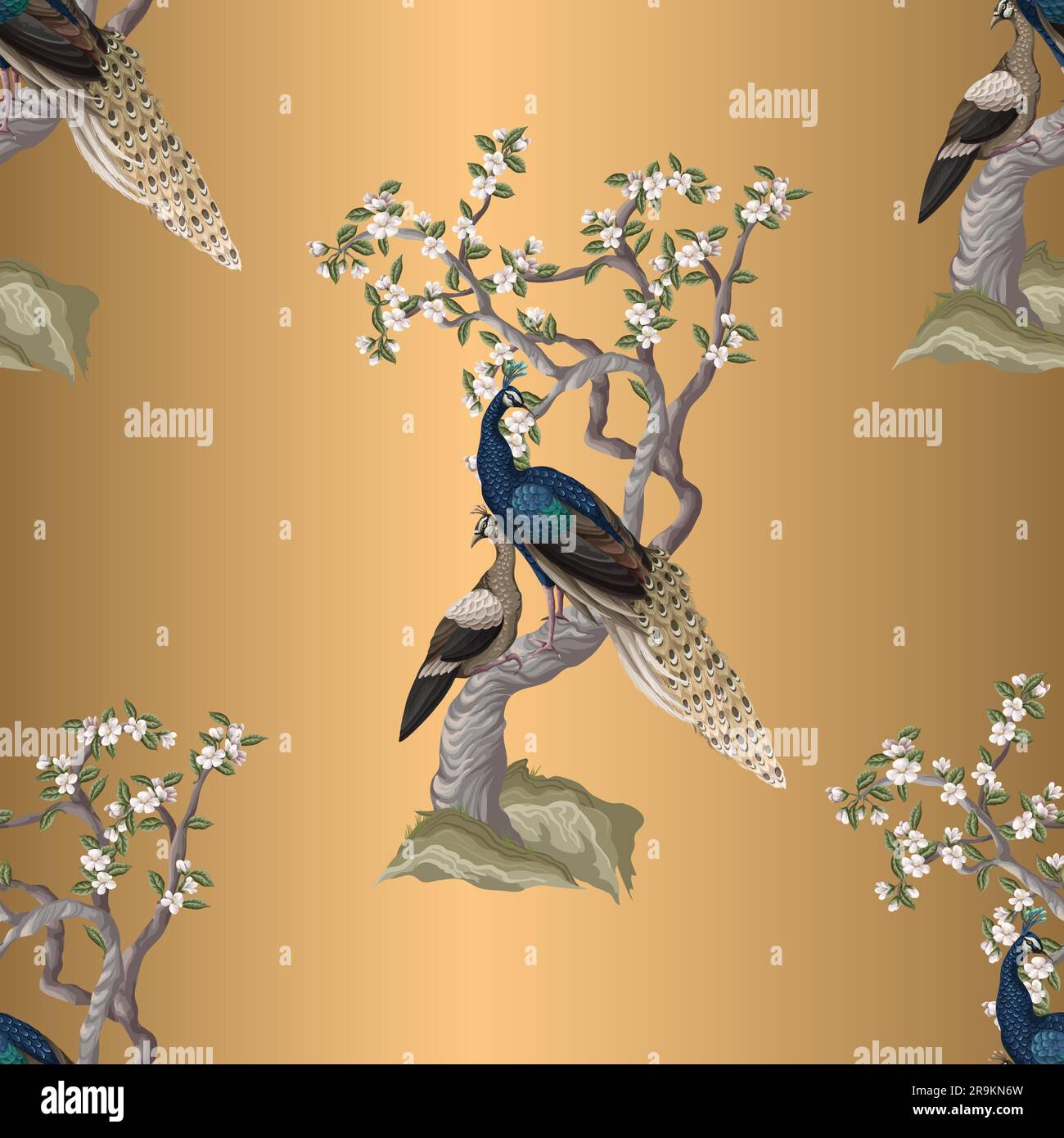 Chinoiserie seamless pattern with peacocks and flowers trees. Vector ...