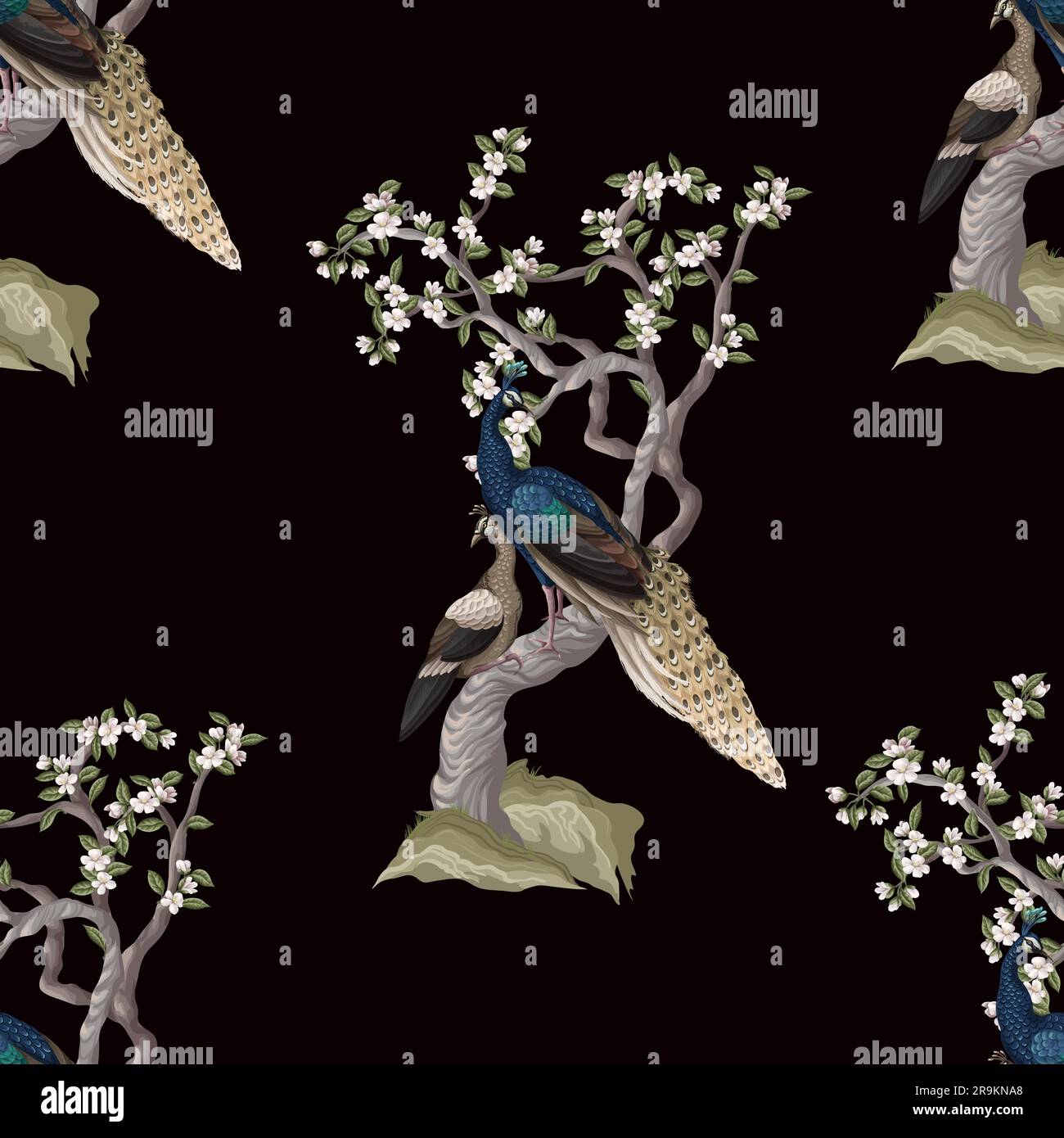 Chinoiserie seamless pattern with peacocks and flowers trees. Vector ...