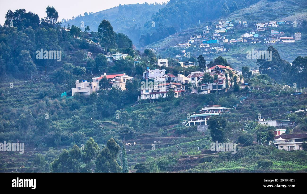 Beautiful view of cottage house on dense forest hill, Kodaikanal, Tamil ...