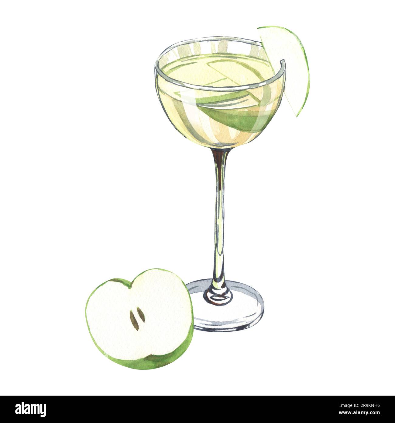 Watercolor refreshing alcoholic drink apple martini cocktail with a ...