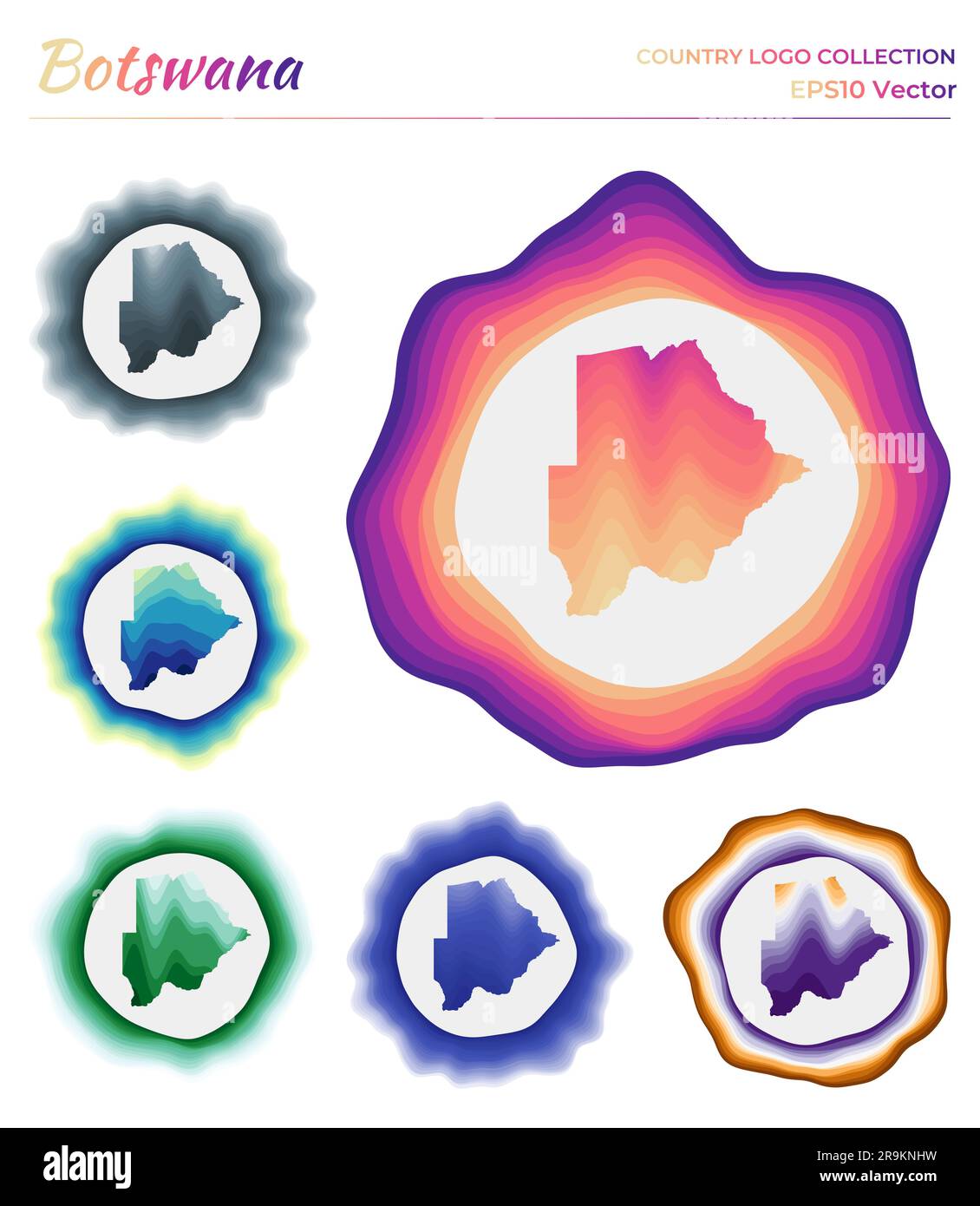 Botswana logo collection. Colorful badge of the country. Layers around Botswana border shape ...