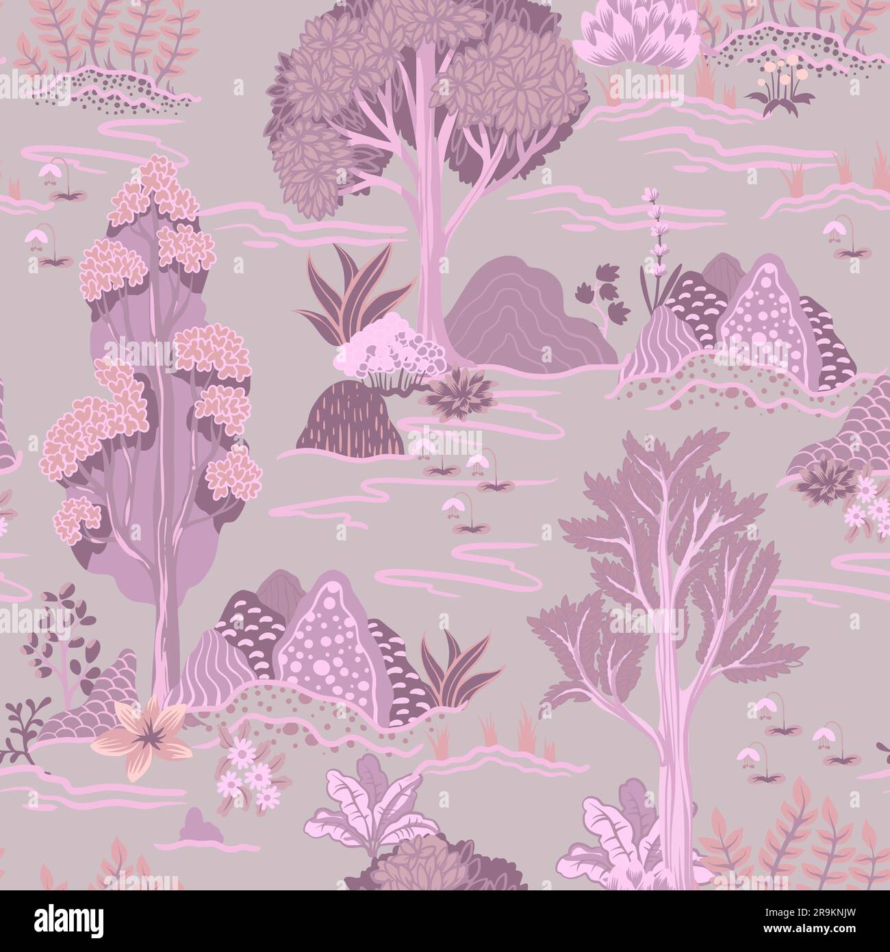 Seamless rustic pattern with trees, animals and plants. Vector Stock ...