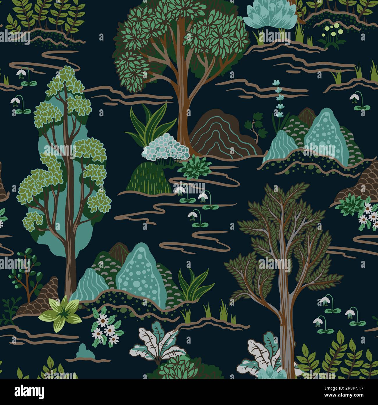 Seamless rustic pattern with trees and plants. Vector Stock Vector ...