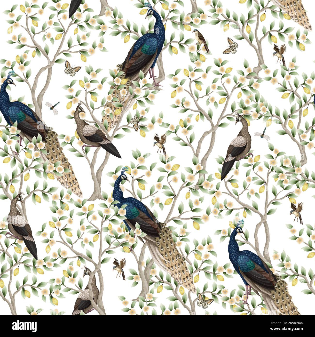 Chinoiserie seamless pattern with peacocks and flowers trees. Vector ...
