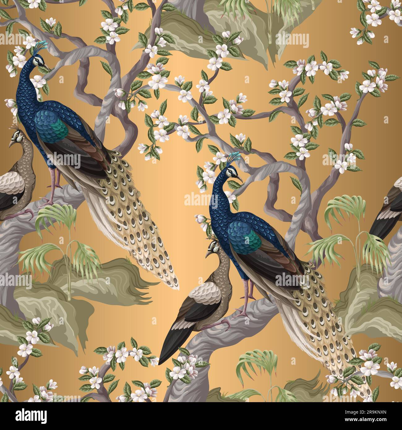 Chinoiserie seamless pattern with peacocks and flowers trees. Vector ...