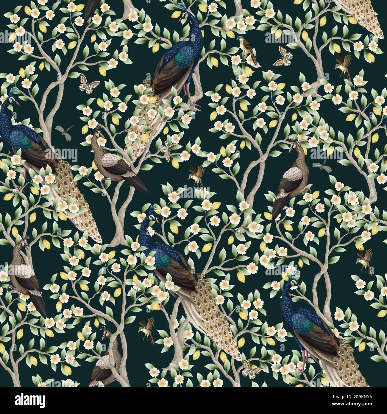 Chinoiserie seamless pattern with peacocks and flowers trees. Vector ...