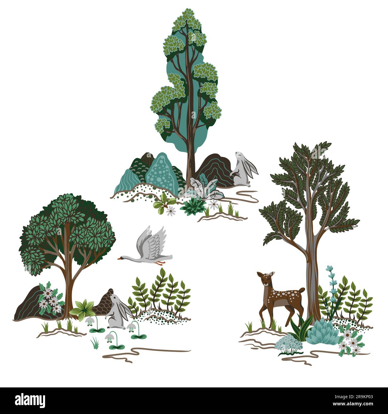 Rustic trees, animals and plants isolated. Vector Stock Vector Image ...
