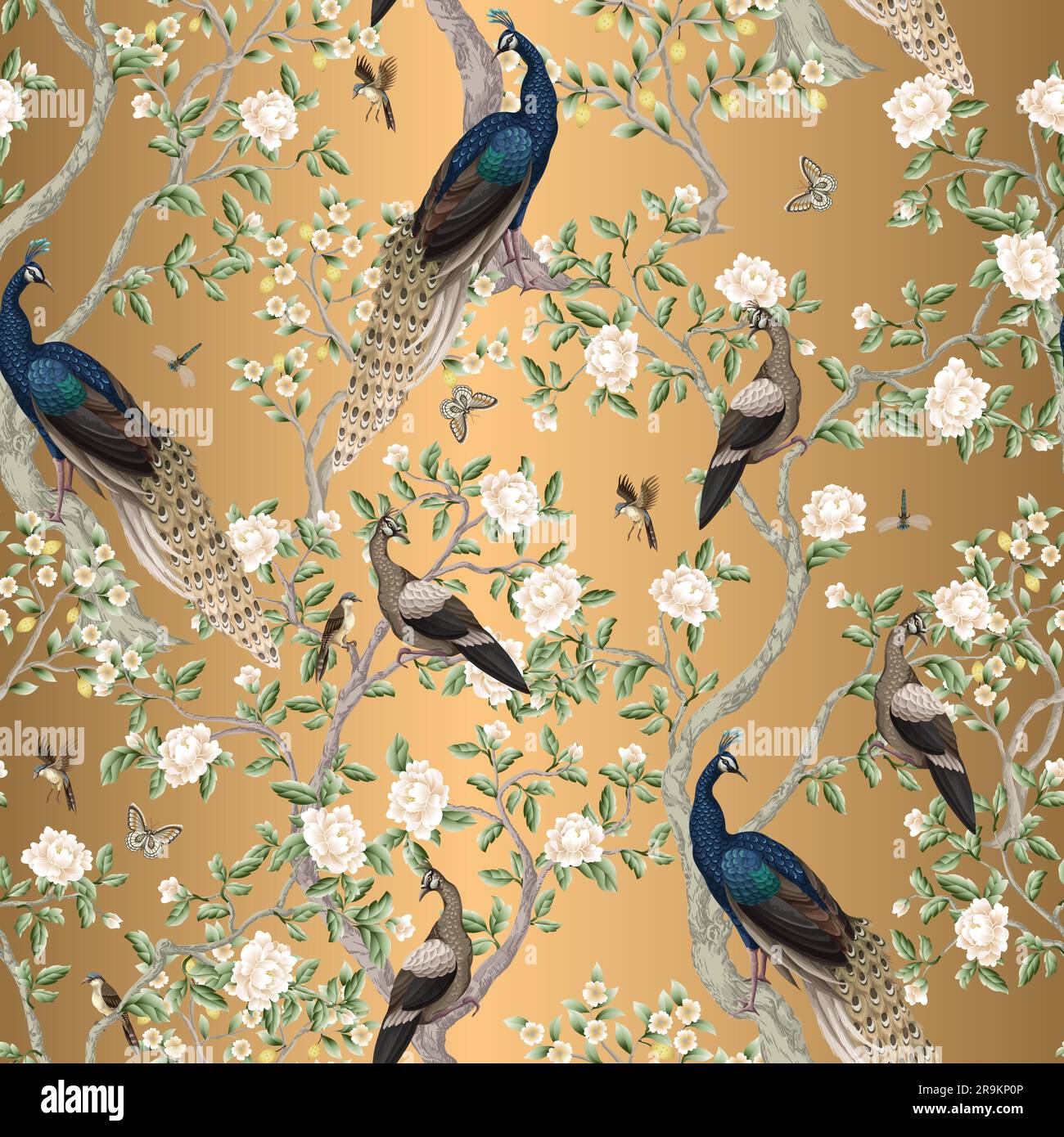Chinoiserie seamless pattern with peacocks and flowers trees. Vector ...
