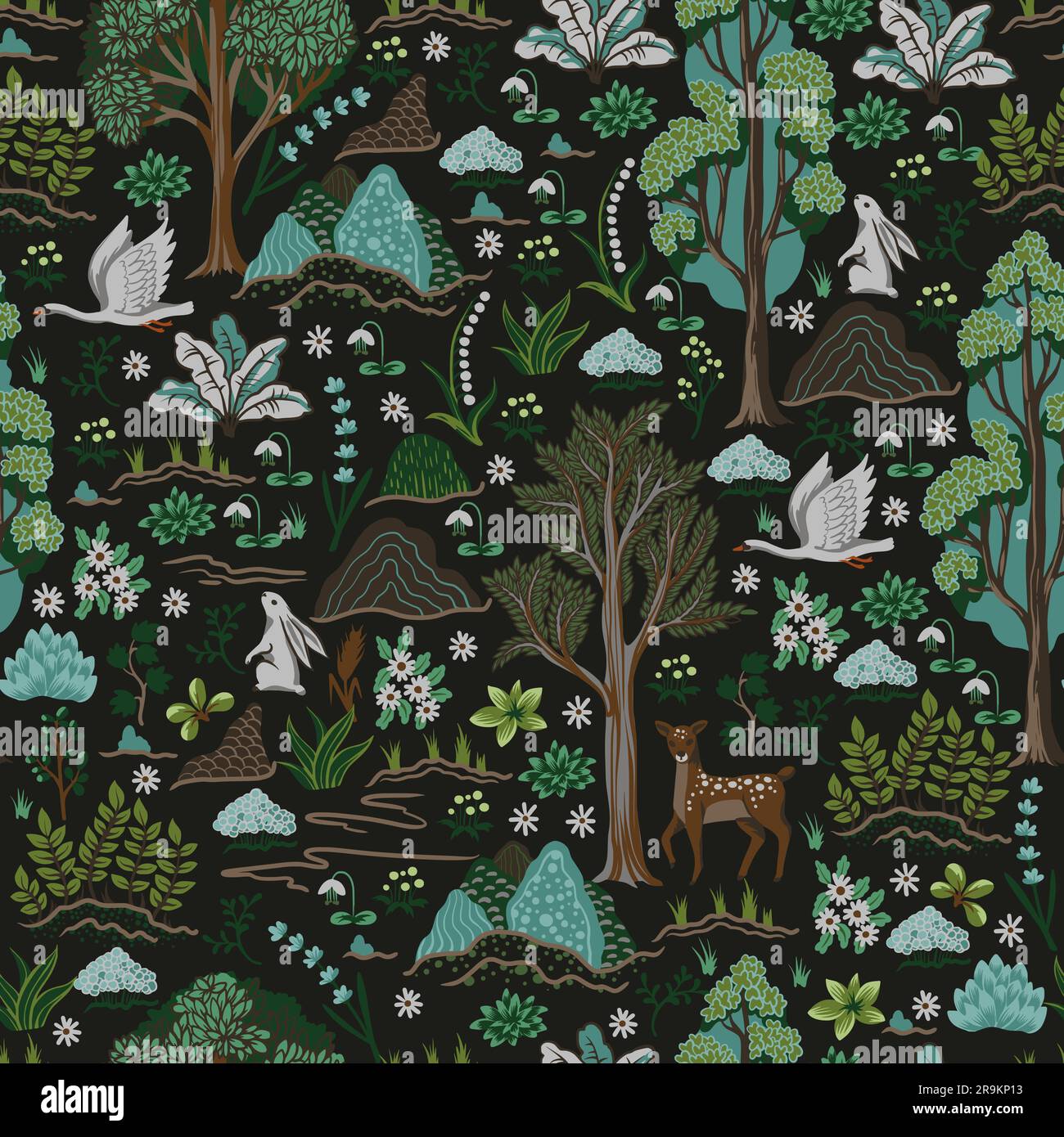 Seamless rustic pattern with trees, animals and plants. Vector Stock ...