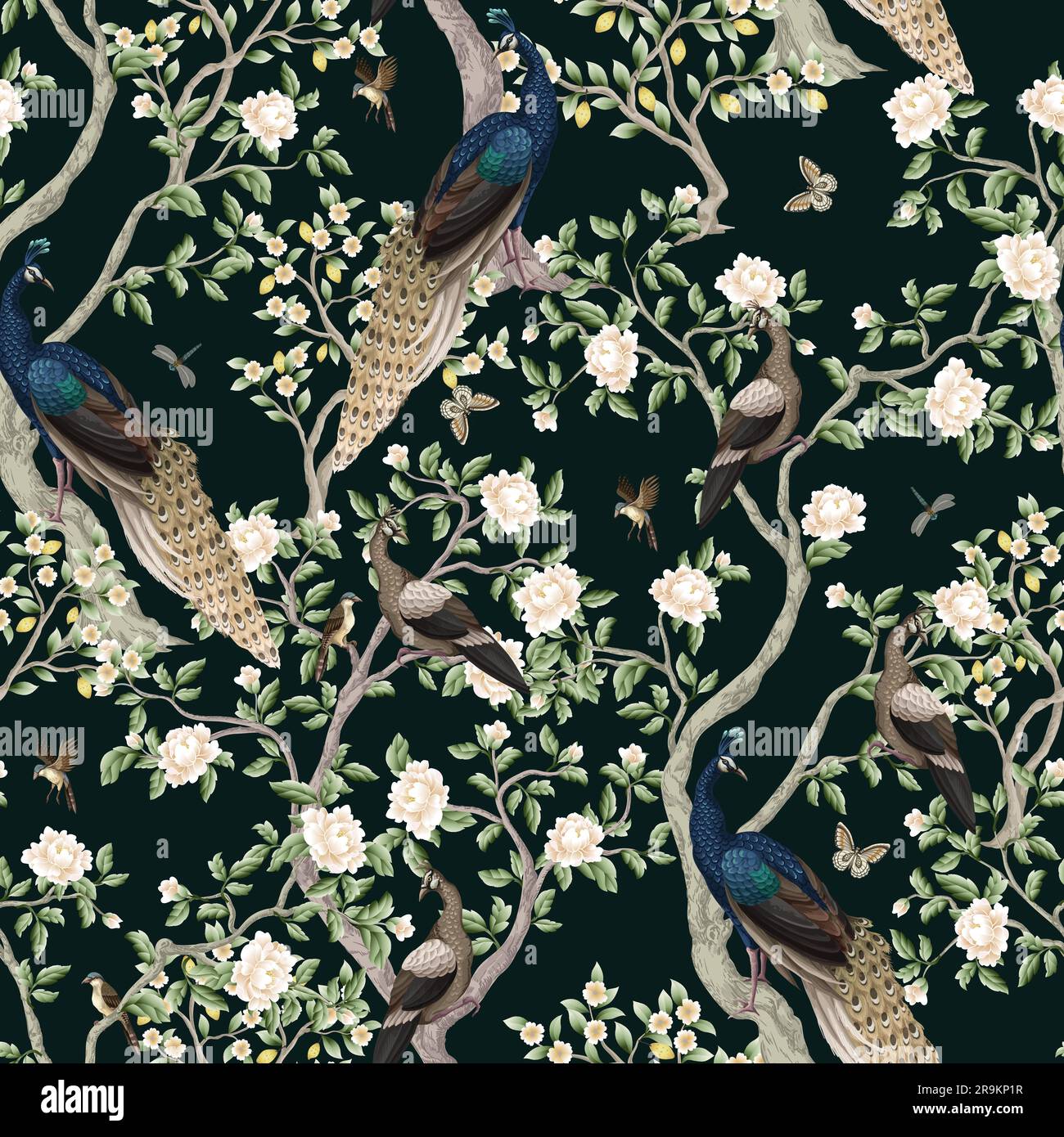 Chinoiserie seamless pattern with peacocks and flowers trees. Vector ...