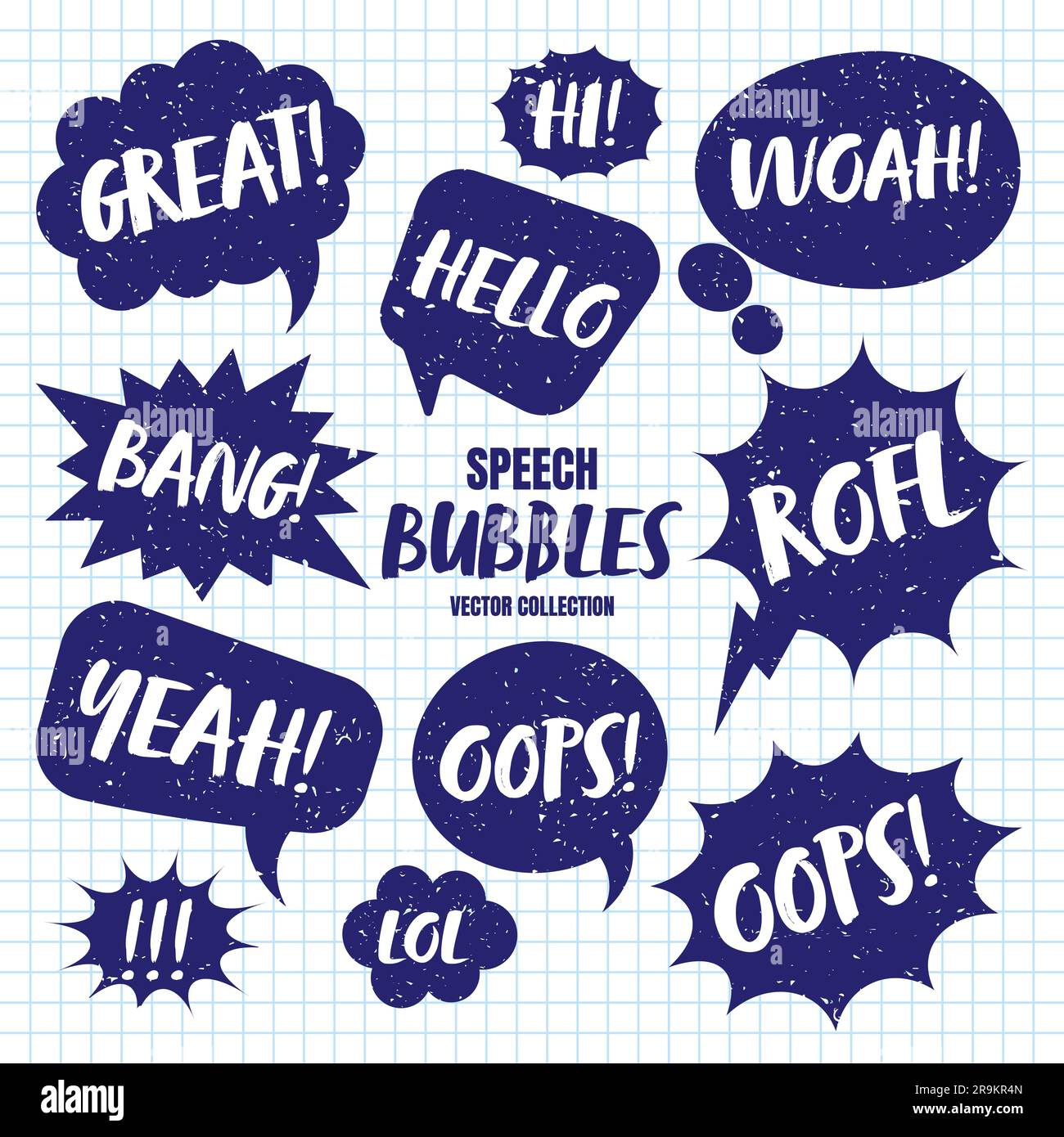 Hand drawn comic speech bubbles on checkered paper sheet. School ...