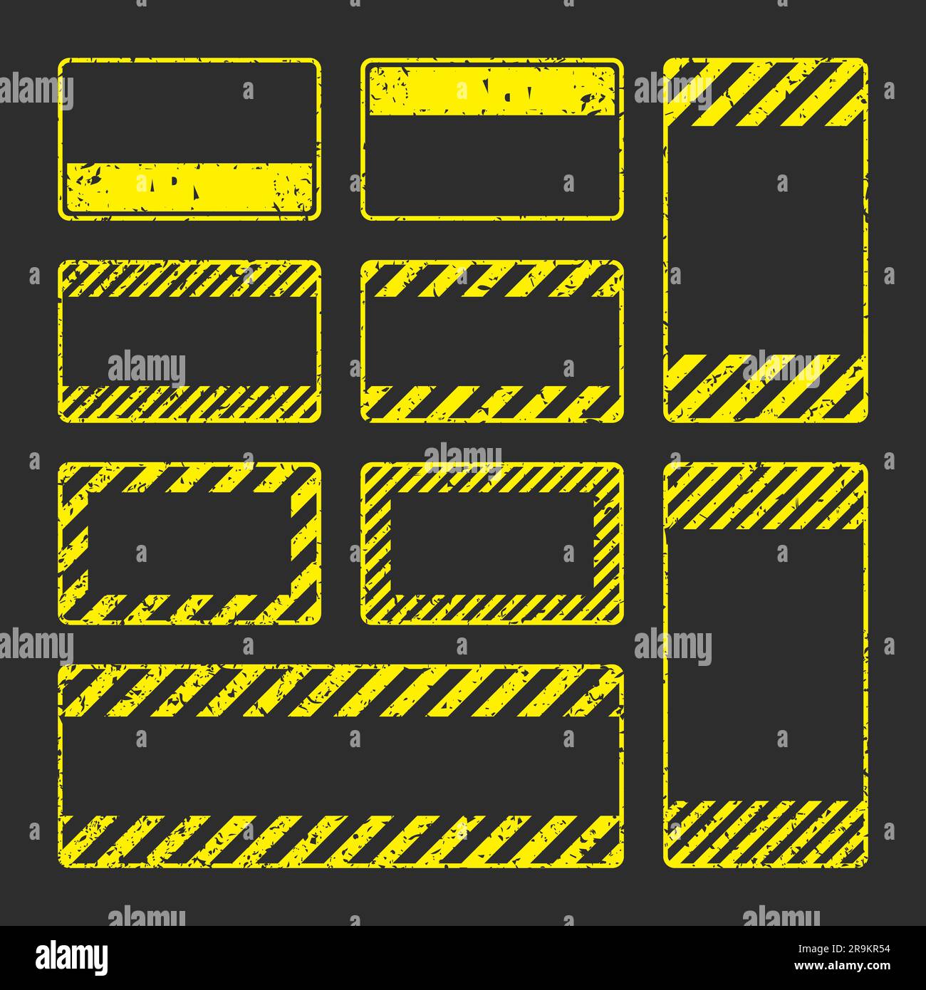 Various yellow grunge warning signs with diagonal lines. Old attention ...