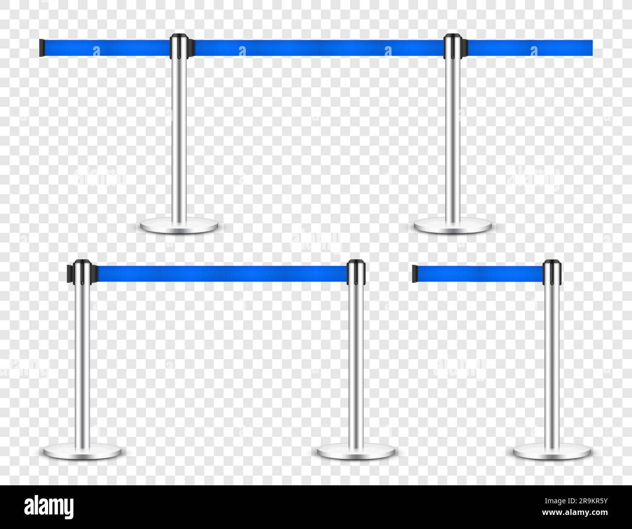 Realistic blue retractable belt stanchion. Crowd control barrier posts ...