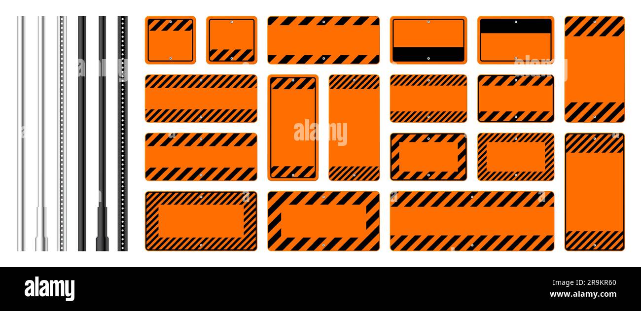 Warning, danger signs, attention banners with metal poles. Blank orange ...