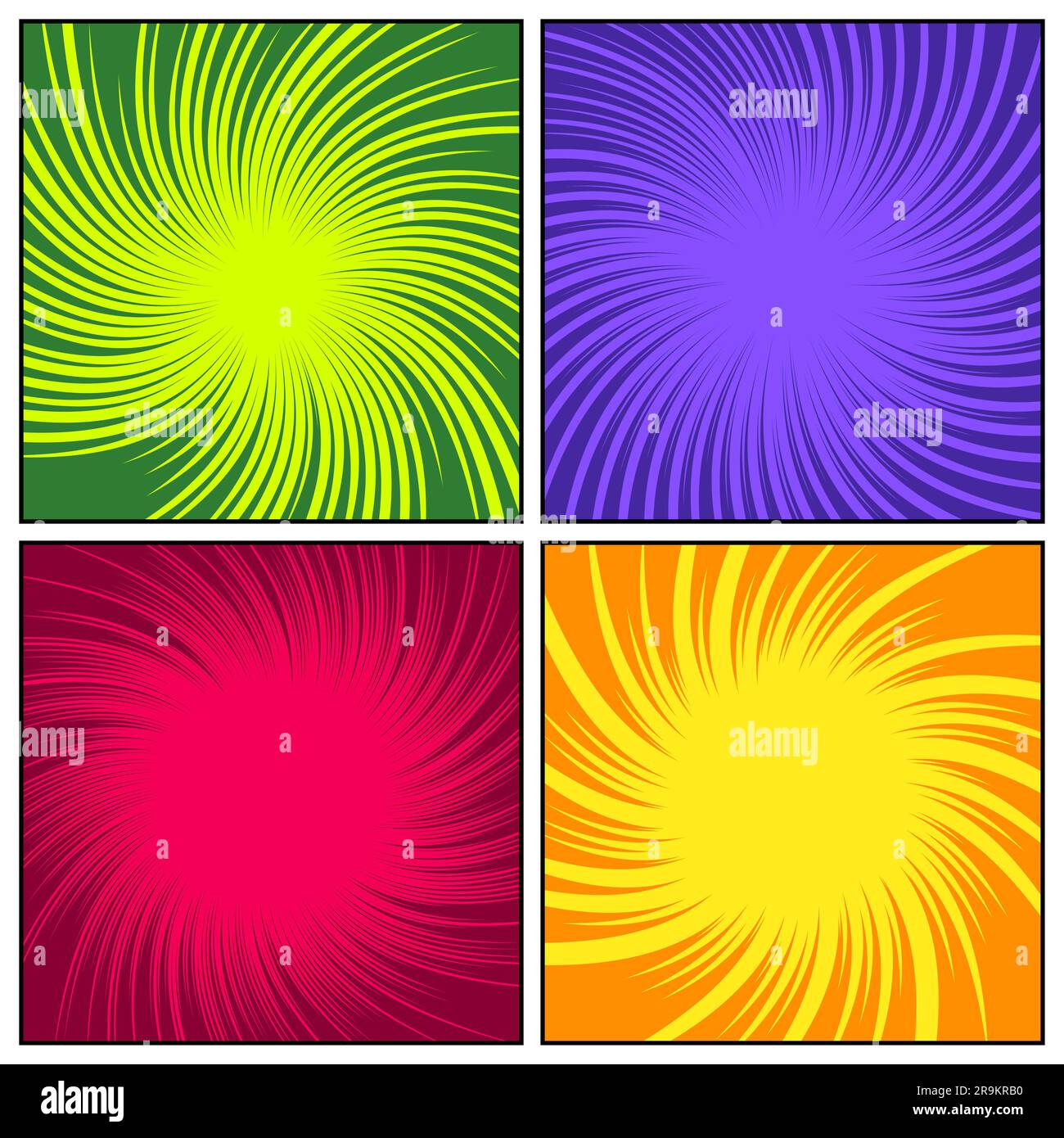 Colorful twisted comic book radial rays, lines. Comics background with ...