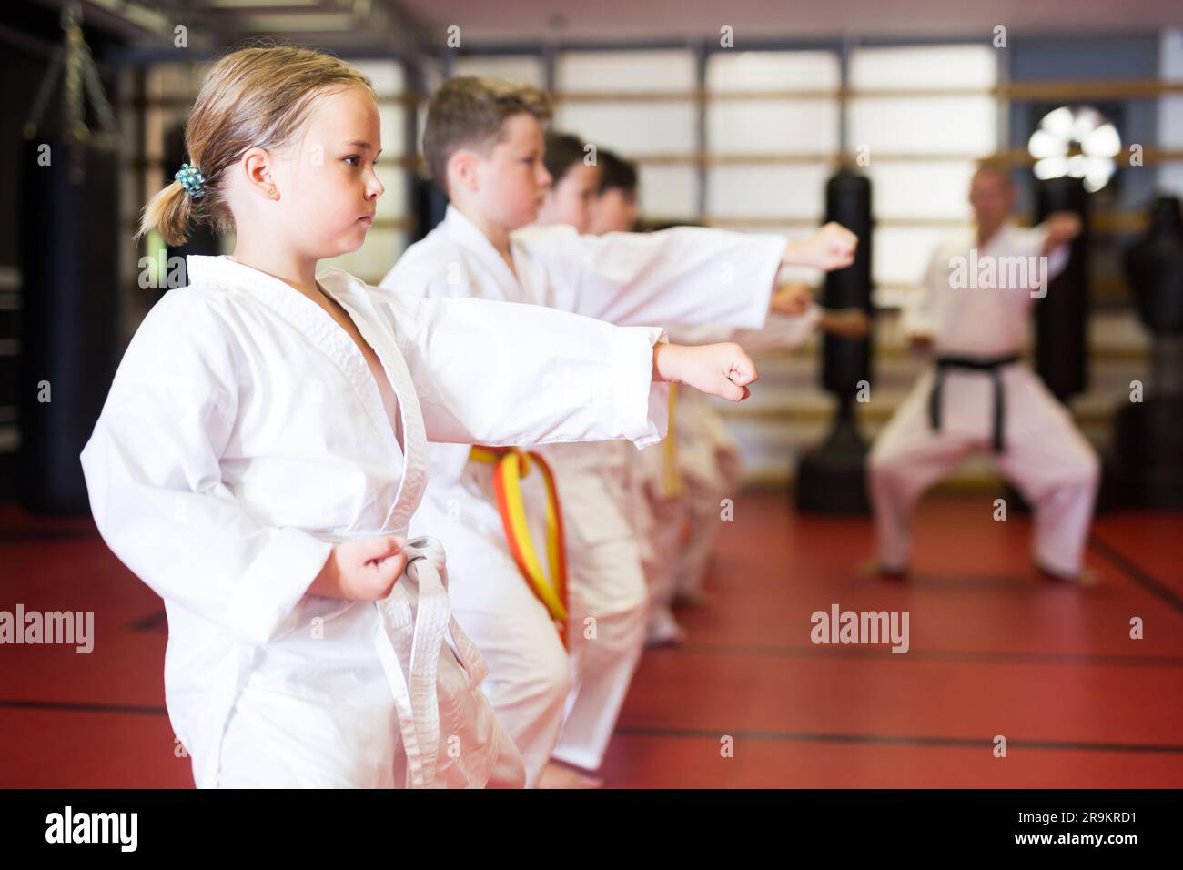 Girl practicing new moves during karate class Stock Photo - Alamy