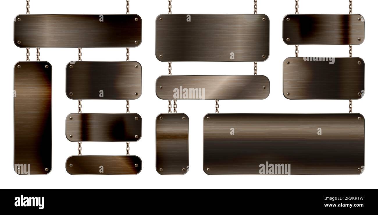 Metal banners hanging on a chain. Realistic shiny steel plate with ...