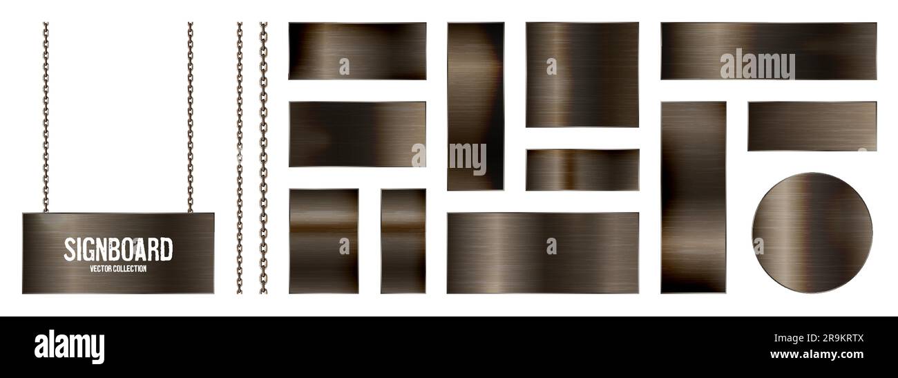 Metal banners hanging on a chain. Realistic shiny steel plate with ...