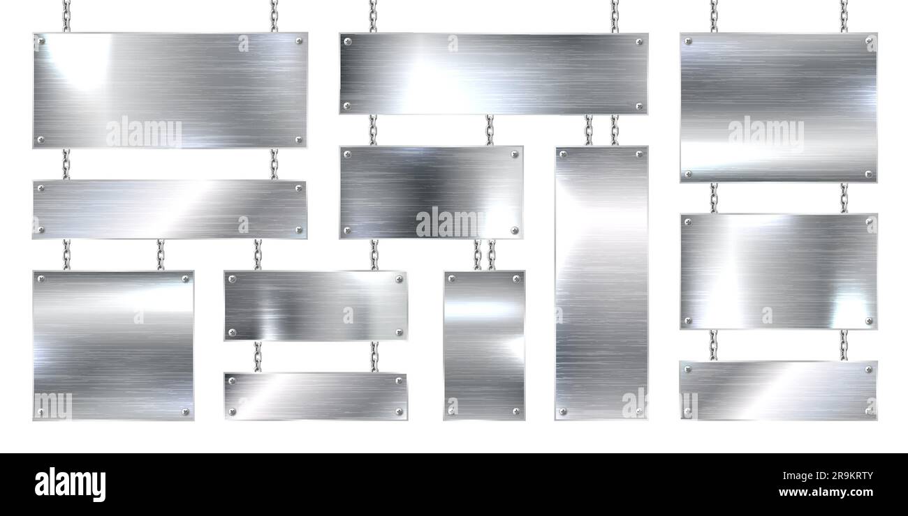 Metal banners hanging on a chain. Realistic shiny steel plate with ...