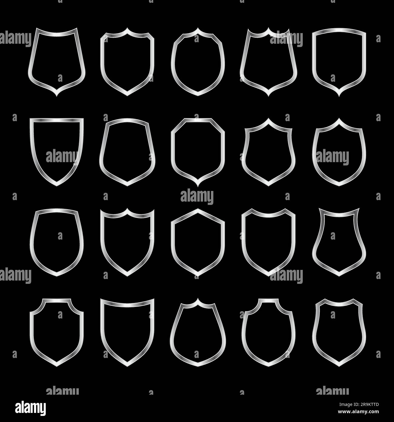 Set of metal vintage shield frames. Shiny silver heraldic shields ...