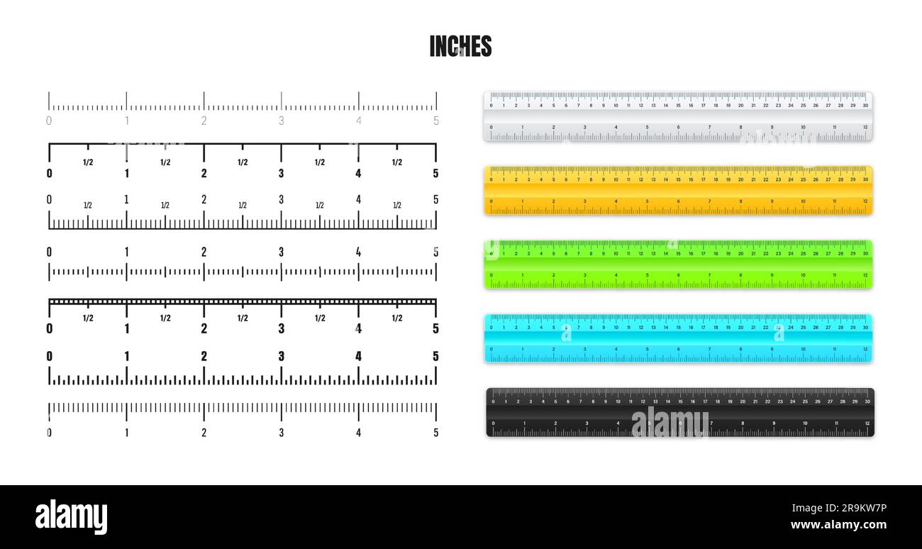 Realistic plastic rulers with black inch scale for measuring length or ...