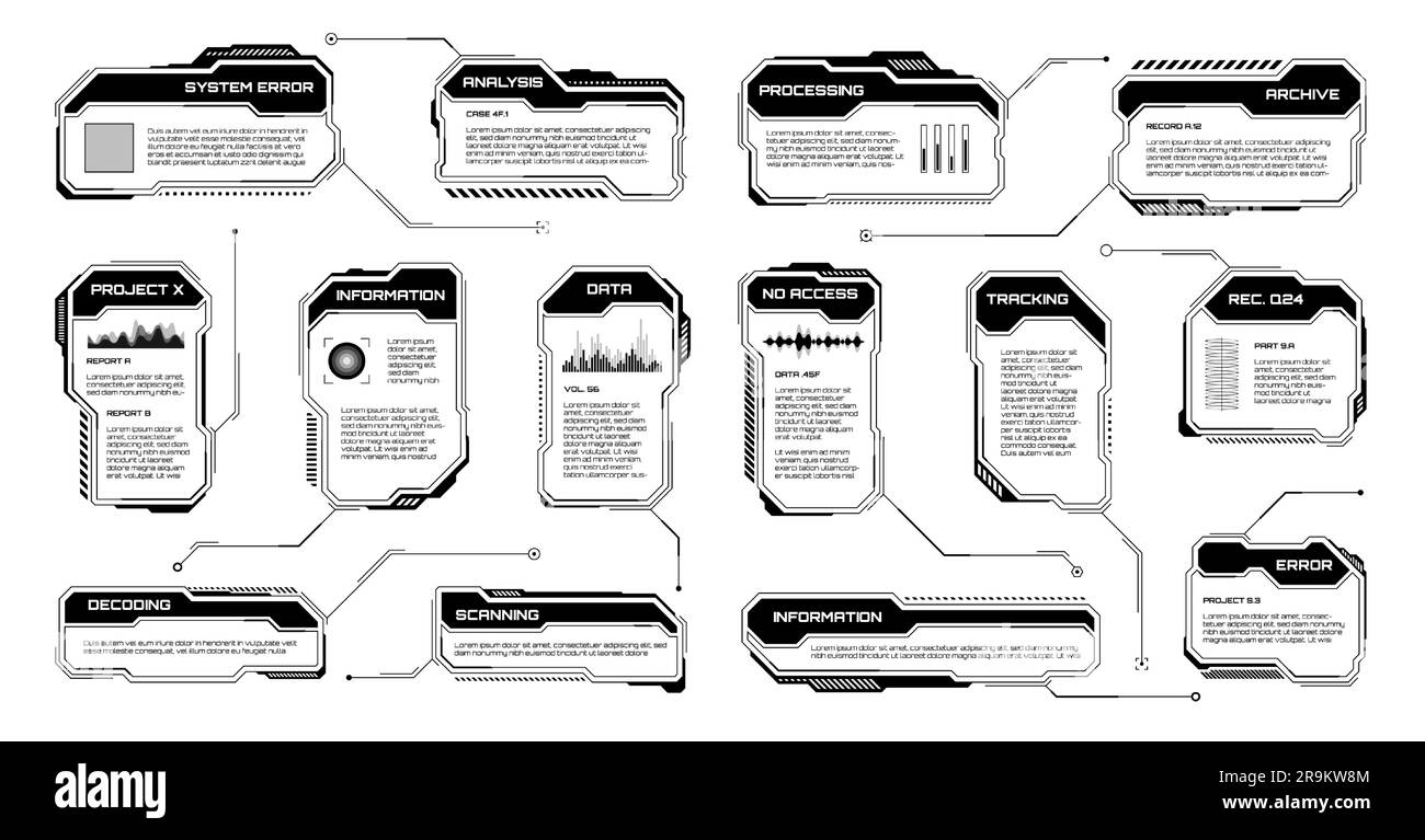 Black futuristic HUD, UI elements. Sci-fi user interface text boxes ...