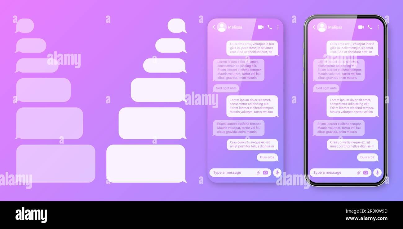 Realistic smartphone with messaging app on colorful violet background. Blank SMS text frame ...