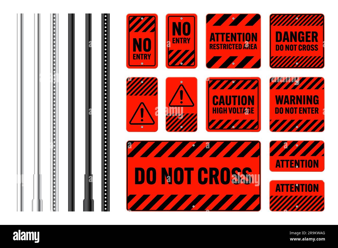 Warning, danger signs, attention banners with metal poles. Red caution ...