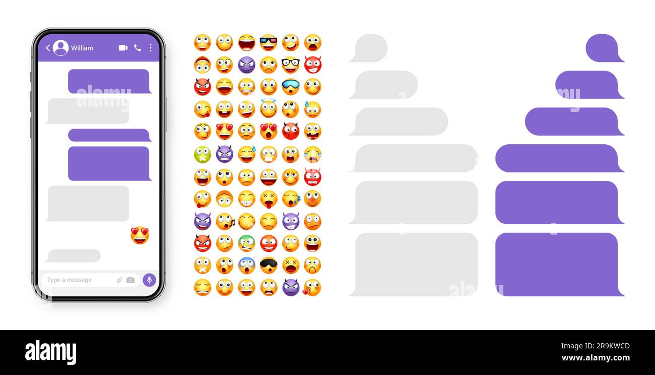 Smartphone messaging app, user interface design with emoji. SMS text ...