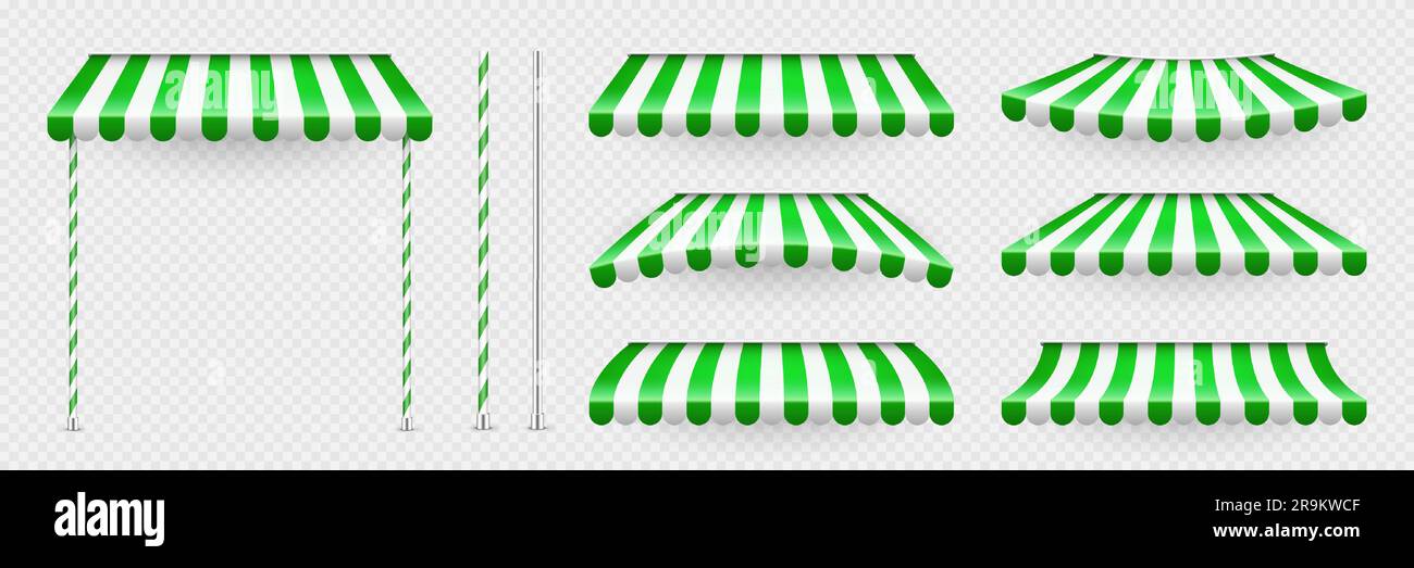 Green shop sunshade with stand holders. Realistic striped cafe awning ...