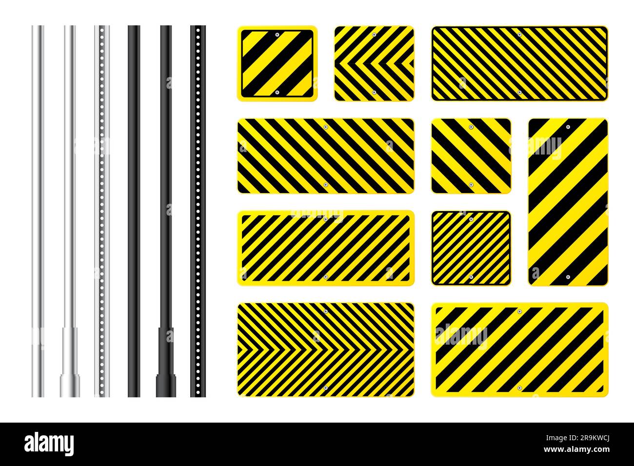 Warning, danger signs, attention banners with metal poles. Yellow ...