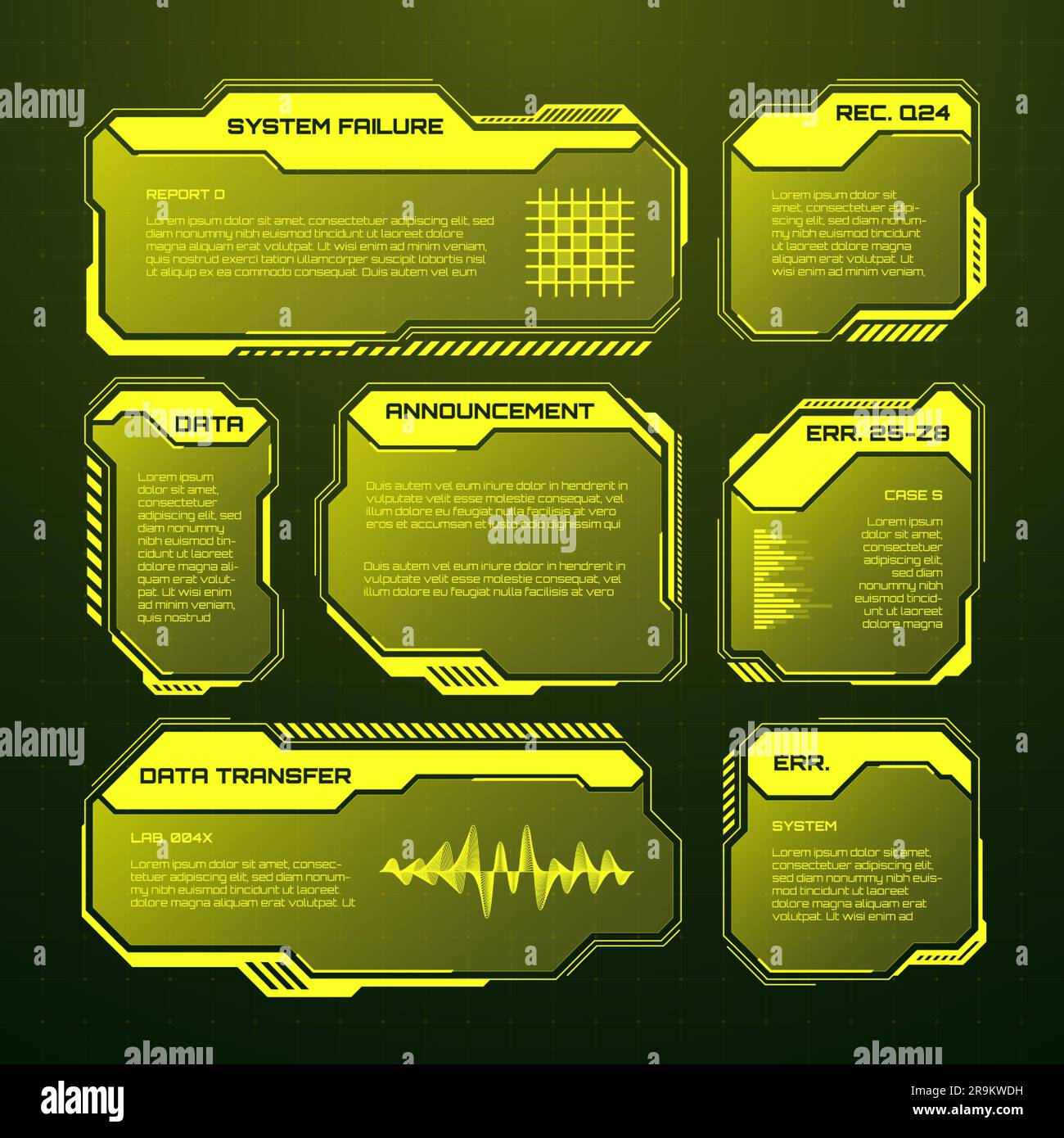 Yellow futuristic HUD, UI elements. Sci-fi user interface text boxes ...