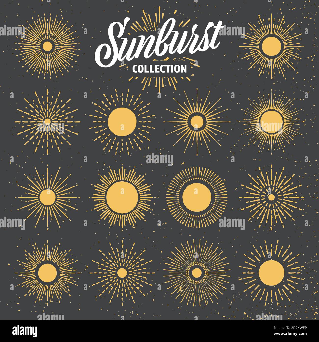 Vintage grunge sunburst, sunset beams. Hand drawn bursting sun, light ...