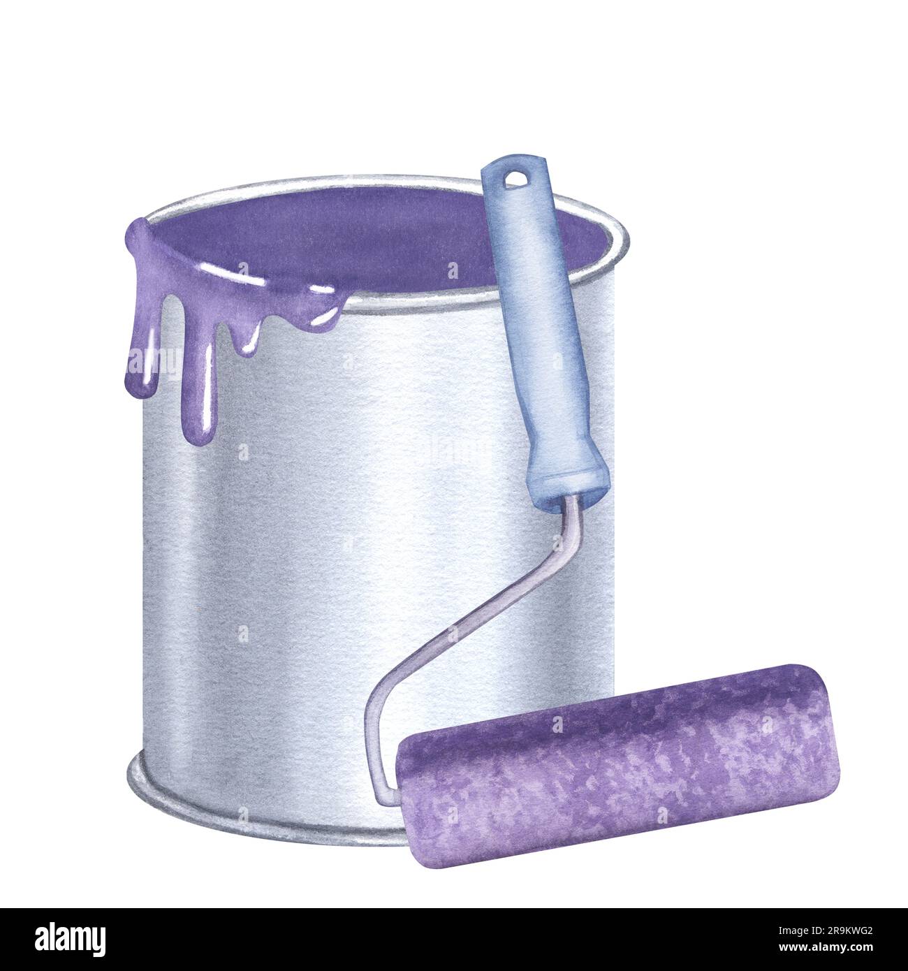 Violet paint leaking flowing iron aluminum can. Roller, blue handle ...
