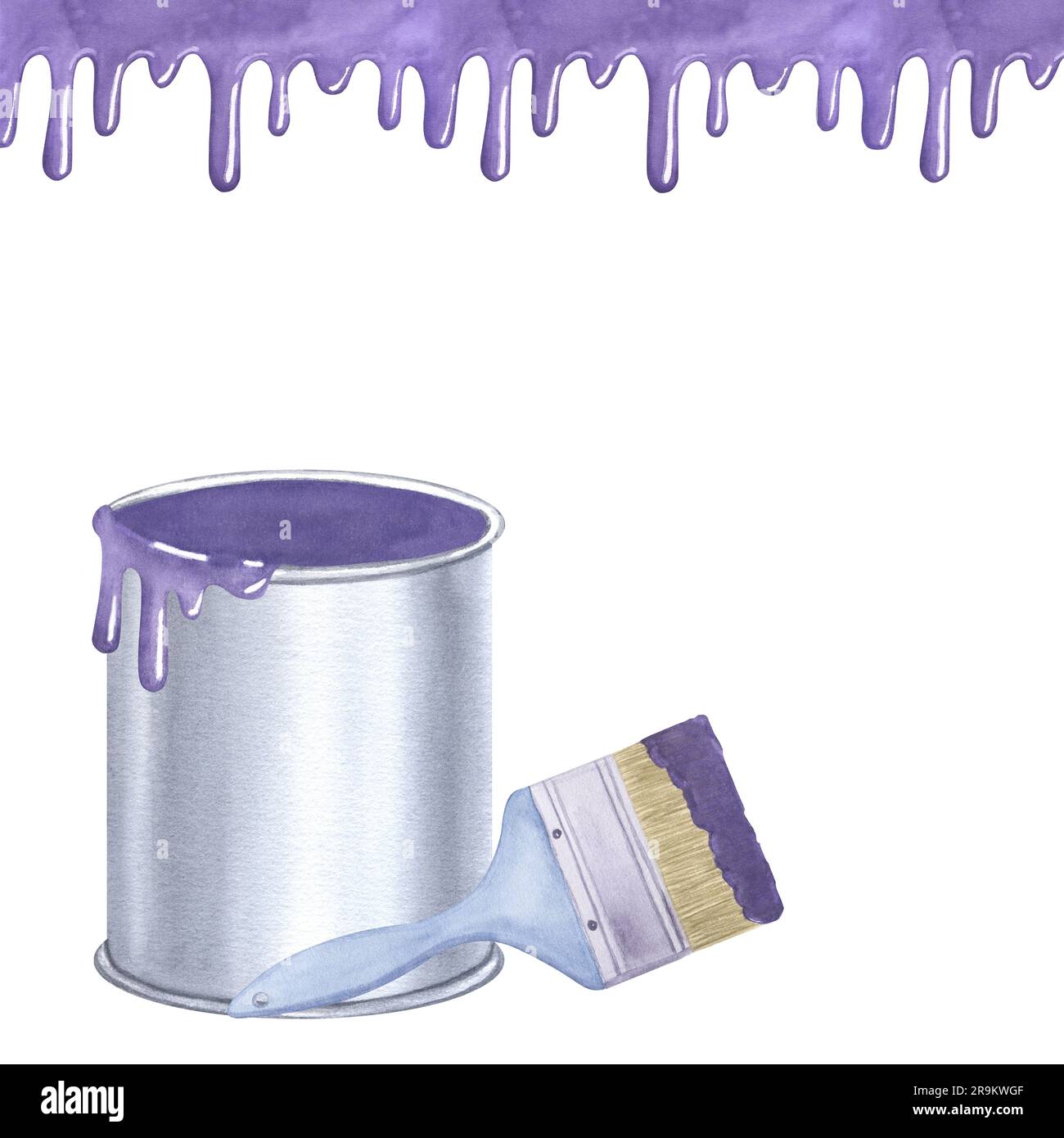 Violet paint leaking flowing iron aluminum can. Roller, blue handle ...