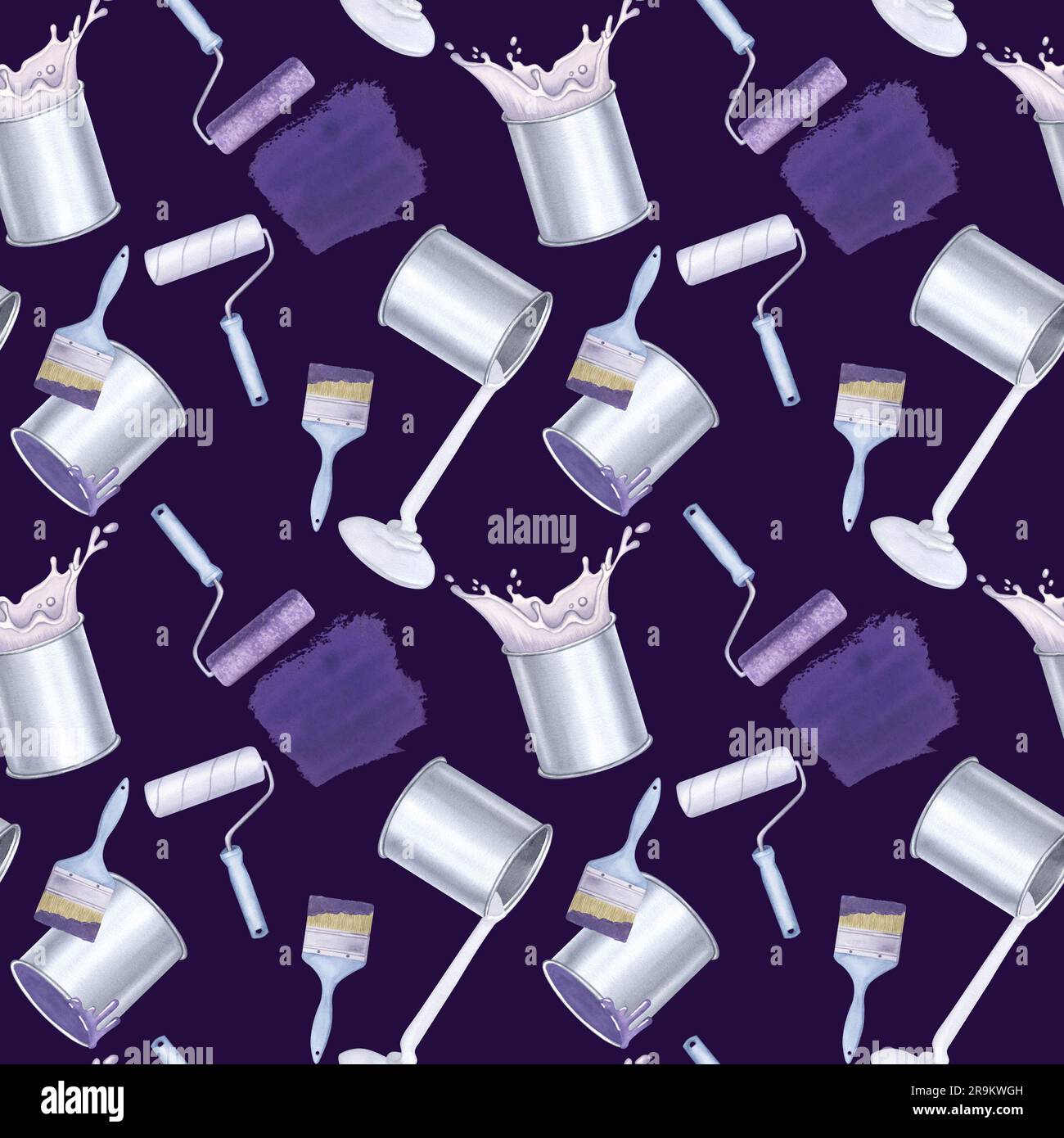 Seamless pattern purple paint is leaking, violet roller, blue handle ...