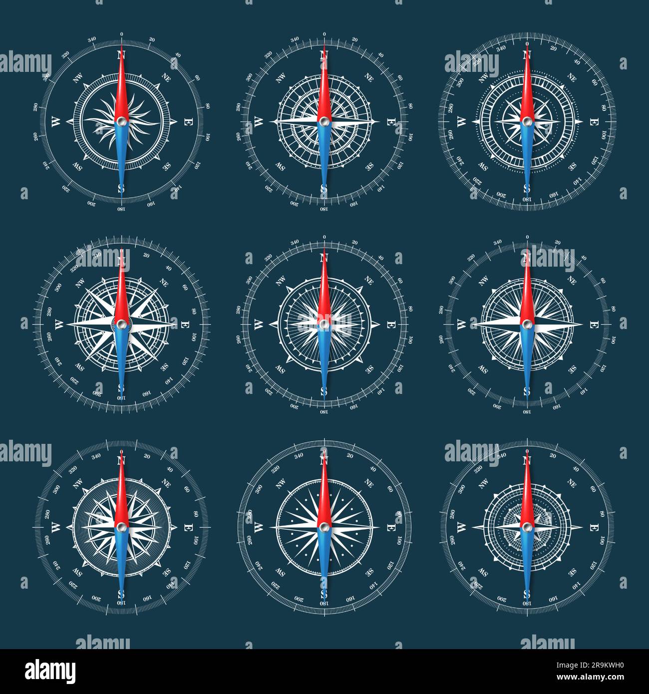 Marine compass, nautical wind rose with cardinal directions of North ...