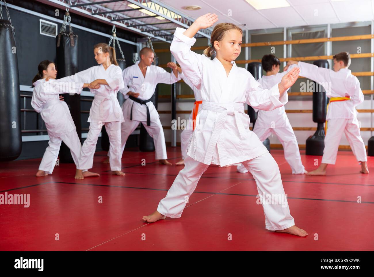 Girl practicing new moves during karate class Stock Photo - Alamy