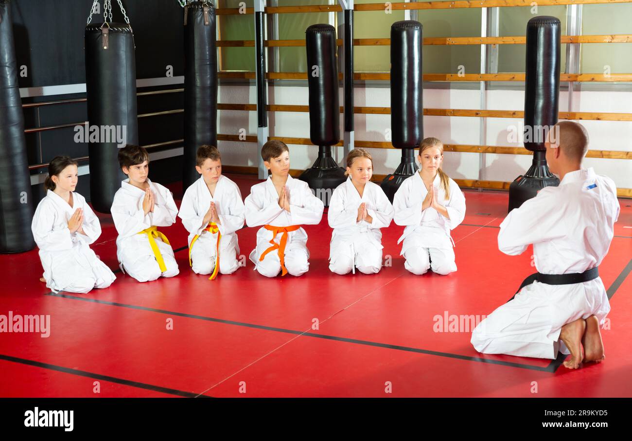 Children with their male instructor posing in karate class Stock Photo ...