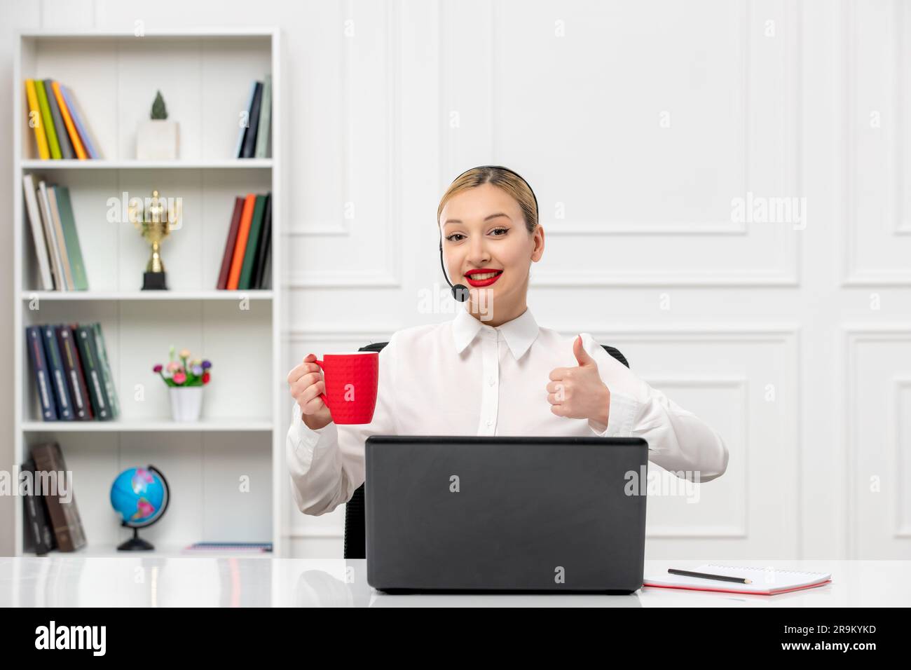 customer service cute blonde girl office shirt with headset and ...