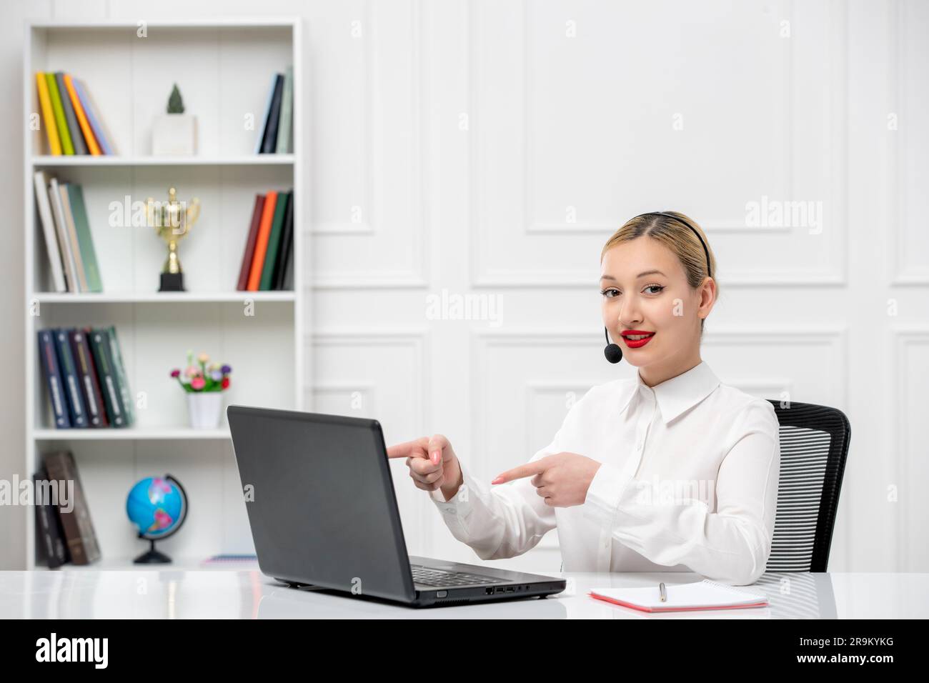 customer service cute blonde girl office shirt with headset and ...