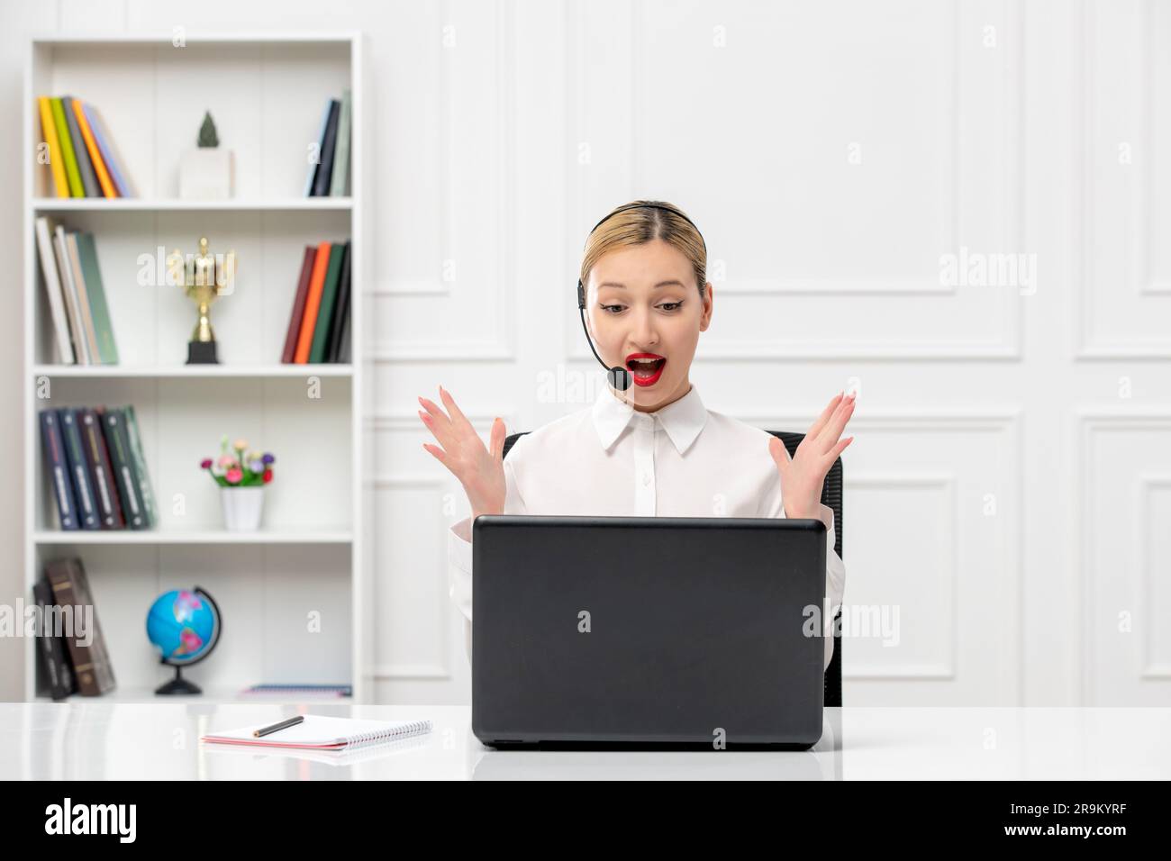 customer service cute pretty woman in white shirt with headset and ...