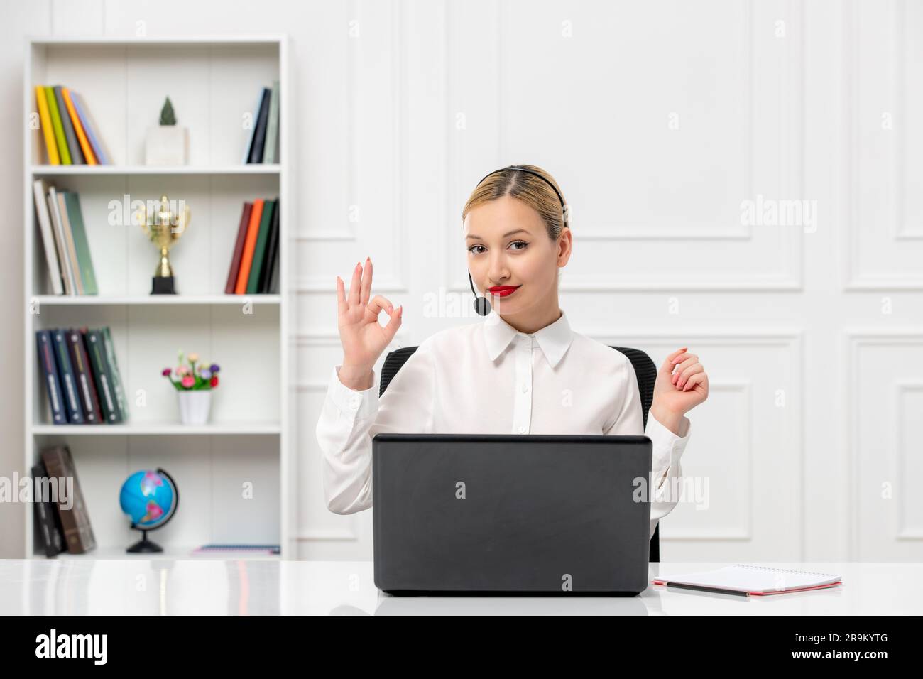 customer service cute woman in white shirt with headset and computer ...