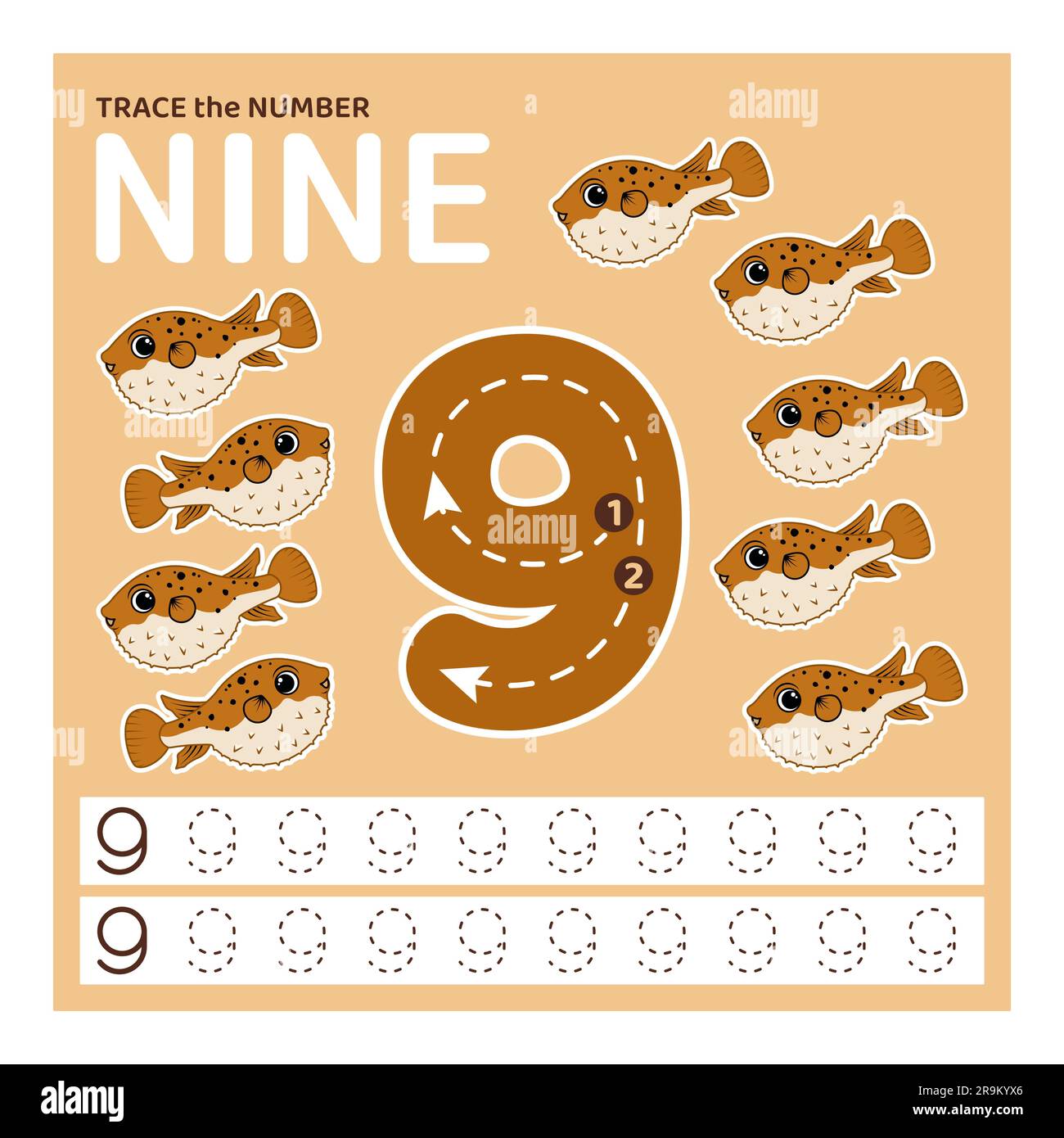 Trace Number Nine Learning To Count And Write Stock Vector Image And Art Alamy