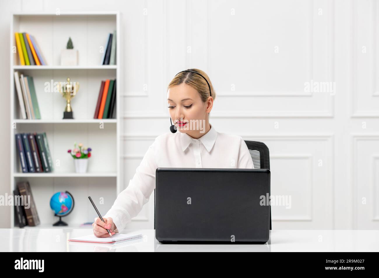 customer service cute woman in white shirt with headset and computer ...