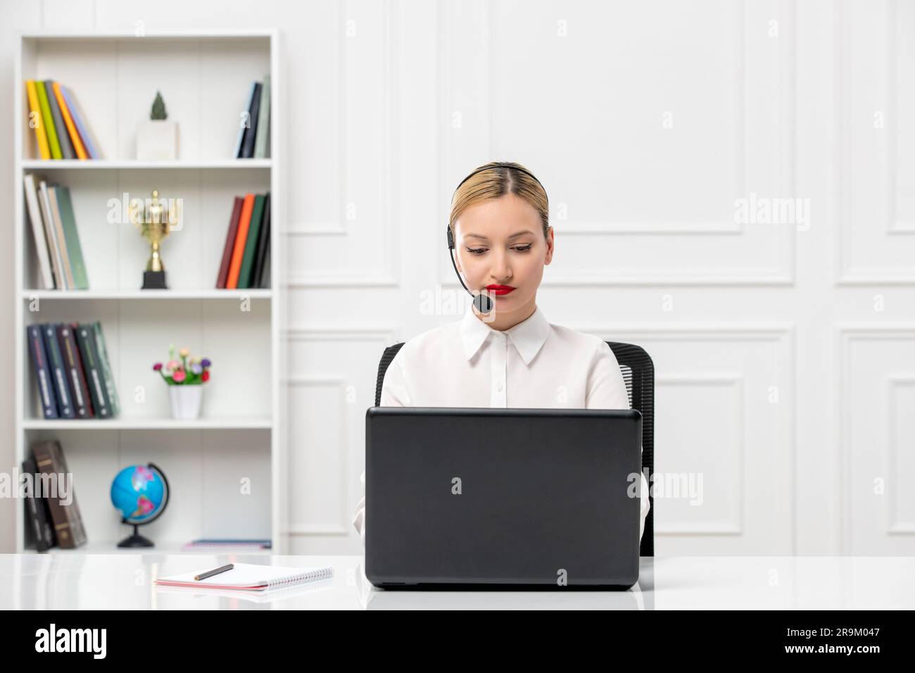 customer service cute woman in white shirt with headset and computer ...