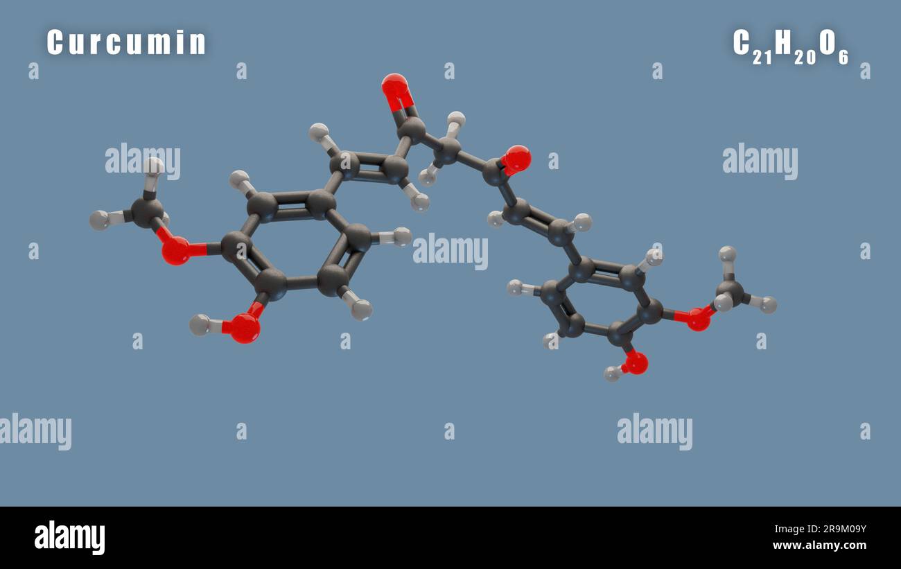 Curcumin of C21H20O6 3D Conformer animated render. Food additive E100 ...