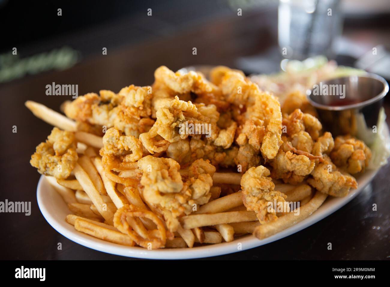 Fried Calamari and french fries served with cocktail sauce Stock Photo ...